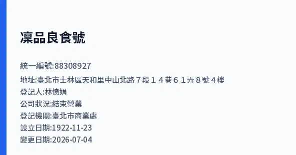 凜品良食號的照片-統編 88308927(臺北市) 公司登記資料與營業項目詳細圖表