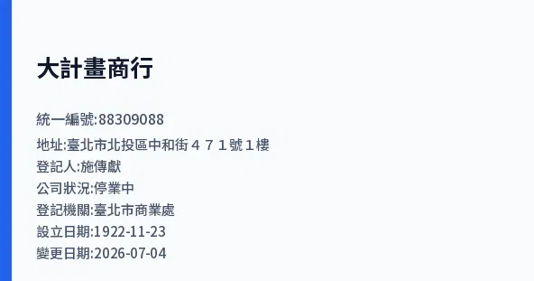 大計畫商行的照片-統編 88309088(臺北市) 公司登記資料與營業項目詳細圖表