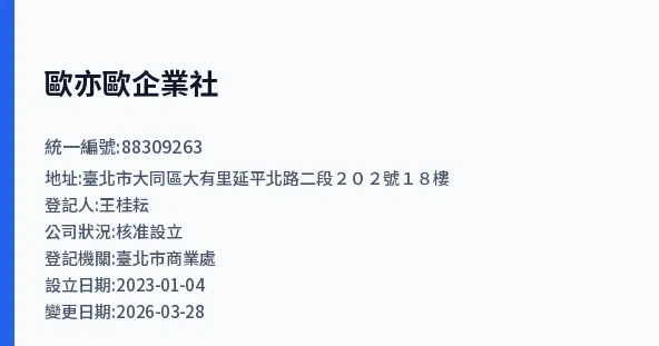 歐亦歐企業社的照片-統編 88309263(臺北市) 公司登記資料與營業項目詳細圖表