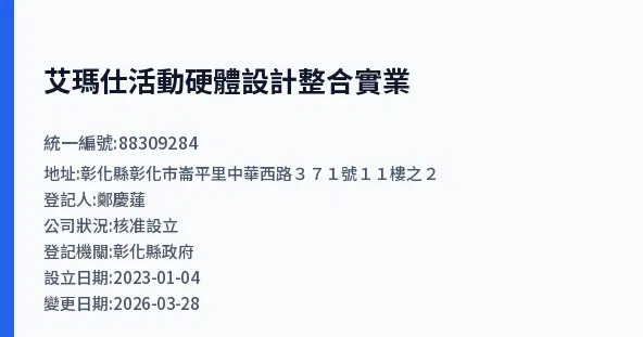 艾瑪仕活動硬體設計整合實業的照片-統編 88309284(彰化縣) 公司登記資料與營業項目詳細圖表