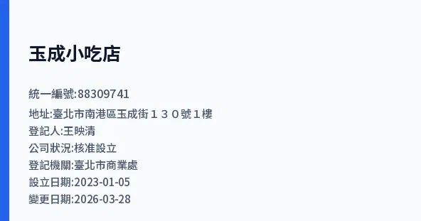 玉成小吃店的照片-統編 88309741(臺北市) 公司登記資料與營業項目詳細圖表