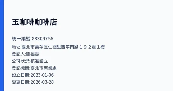 玉咖啡咖啡店的照片-統編 88309756(臺北市) 公司登記資料與營業項目詳細圖表