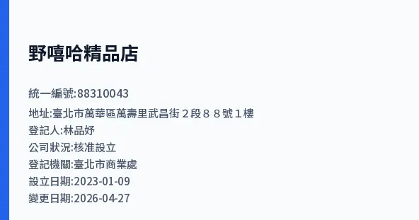 野嘻哈精品店的照片-統編 88310043(臺北市) 公司登記資料與營業項目詳細圖表