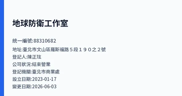 地球防衛工作室的照片-統編 88310682(臺北市) 公司登記資料與營業項目詳細圖表