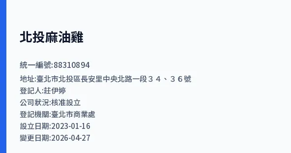 北投麻油雞的照片-統編 88310894(臺北市) 公司登記資料與營業項目詳細圖表