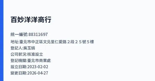 百妙洋洋商行的照片-統編 88311697(臺北市) 公司登記資料與營業項目詳細圖表
