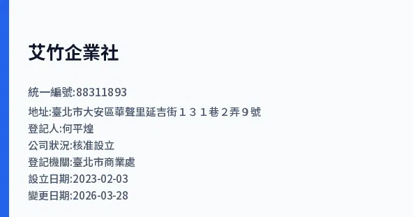 艾竹企業社的照片-統編 88311893(臺北市) 公司登記資料與營業項目詳細圖表