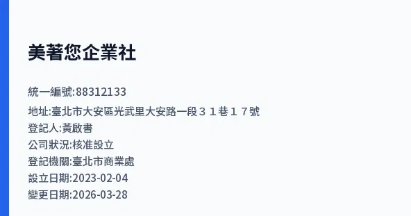 美著您企業社的照片-統編 88312133(臺北市) 公司登記資料與營業項目詳細圖表