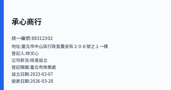 承心商行的照片-統編 88312302(臺北市) 公司登記資料與營業項目詳細圖表