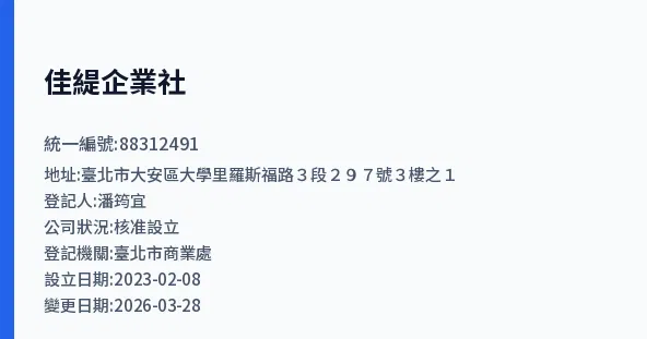 佳緹企業社的照片-統編 88312491(臺北市) 公司登記資料與營業項目詳細圖表