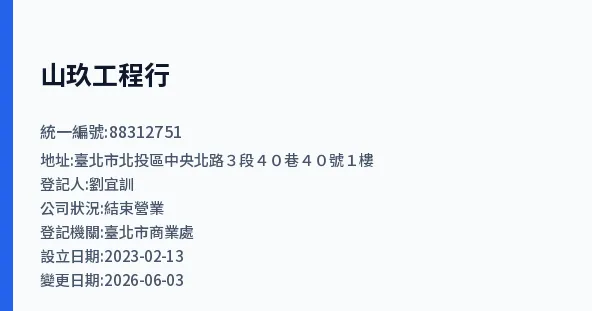 山玖工程行的照片-統編 88312751(臺北市) 公司登記資料與營業項目詳細圖表