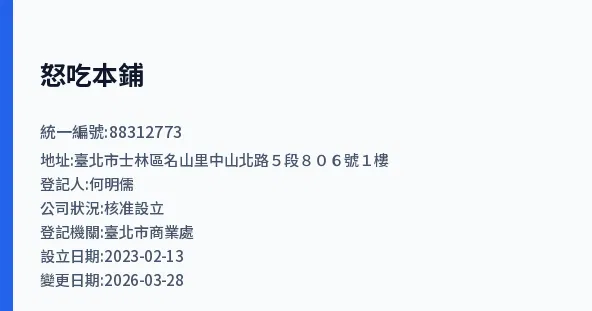 怒吃本鋪的照片-統編 88312773(臺北市) 公司登記資料與營業項目詳細圖表
