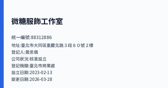 微糖服飾工作室的照片-統編 88312886(臺北市) 公司登記資料與營業項目詳細圖表