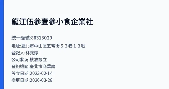 龍江伍參壹參小食企業社的照片-統編 88313029(臺北市) 公司登記資料與營業項目詳細圖表
