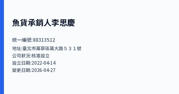 魚貨承銷人李思慶的照片-統編 88313512(臺北市) 公司登記資料與營業項目詳細圖表