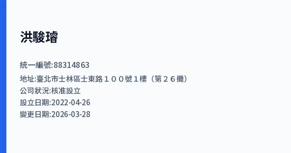 洪駿璿的照片-統編 88314863(臺北市) 公司登記資料與營業項目詳細圖表