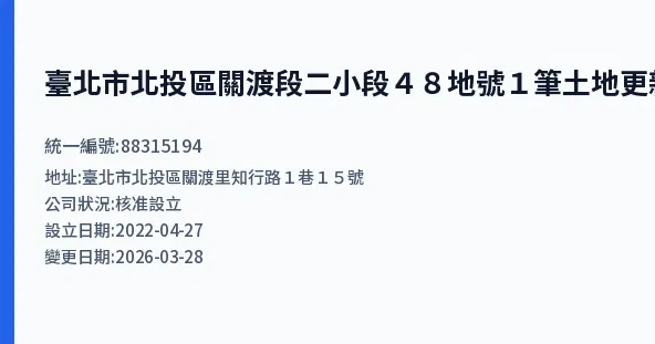 臺北市北投區關渡段二小段48地號1筆土地更新單元都市更新會的照片-統編 88315194(臺北市) 公司登記資料與營業項目詳細圖表