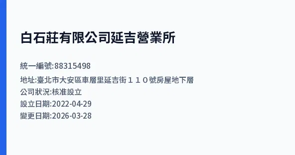 白石莊有限公司延吉營業所的照片-統編 88315498(臺北市) 公司登記資料與營業項目詳細圖表
