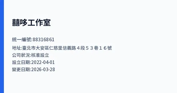 囍哆工作室的照片-統編 88316861(臺北市) 公司登記資料與營業項目詳細圖表