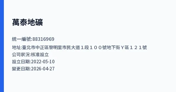萬泰地礦的照片-統編 88316969(臺北市) 公司登記資料與營業項目詳細圖表
