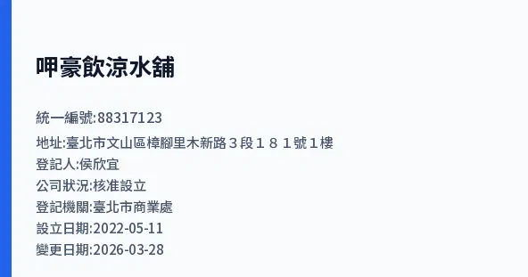 呷豪飲涼水舖的照片-統編 88317123(臺北市) 公司登記資料與營業項目詳細圖表