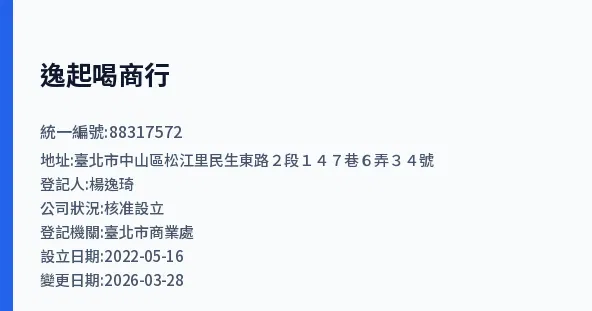 逸起喝商行的照片-統編 88317572(臺北市) 公司登記資料與營業項目詳細圖表