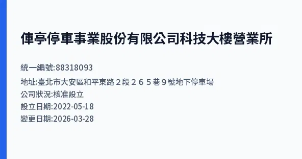 俥亭停車事業股份有限公司科技大樓營業所的照片-統編 88318093(臺北市) 公司登記資料與營業項目詳細圖表