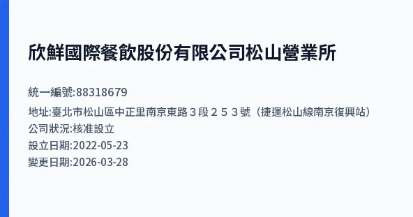 欣鮮國際餐飲股份有限公司松山營業所的照片-統編 88318679(臺北市) 公司登記資料與營業項目詳細圖表