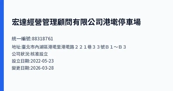 宏達經營管理顧問有限公司港墘停車場的照片-統編 88318761(臺北市) 公司登記資料與營業項目詳細圖表