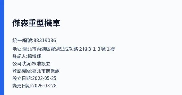 傑森重型機車的照片-統編 88319086(臺北市) 公司登記資料與營業項目詳細圖表