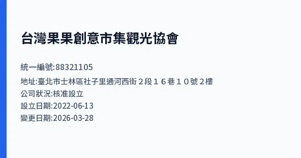 台灣果果創意市集觀光協會的照片-統編 88321105(臺北市) 公司登記資料與營業項目詳細圖表