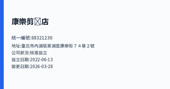 康樂剪髪店的照片-統編 88321230(臺北市) 公司登記資料與營業項目詳細圖表
