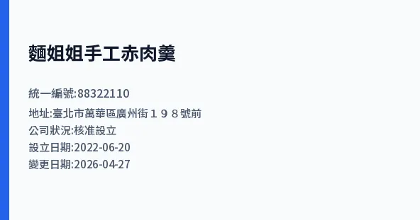 麵姐姐手工赤肉羹的照片-統編 88322110(臺北市) 公司登記資料與營業項目詳細圖表