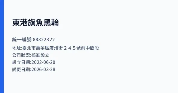 東港旗魚黑輪的照片-統編 88322322(臺北市) 公司登記資料與營業項目詳細圖表
