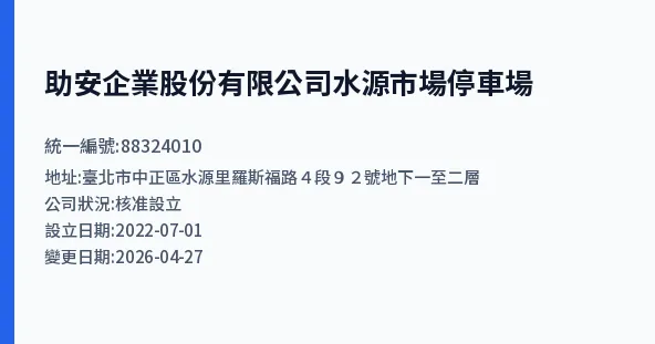 助安企業股份有限公司水源市場停車場的照片-統編 88324010(臺北市) 公司登記資料與營業項目詳細圖表