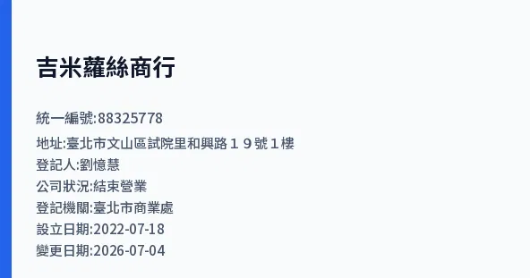 吉米蘿絲商行的照片-統編 88325778(臺北市) 公司登記資料與營業項目詳細圖表