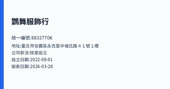 鸚舞服飾行的照片-統編 88327706(臺北市) 公司登記資料與營業項目詳細圖表