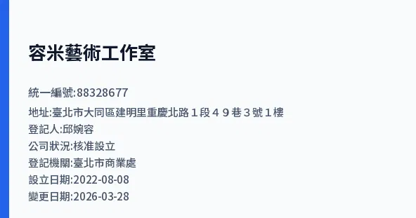 容米藝術工作室的照片-統編 88328677(臺北市) 公司登記資料與營業項目詳細圖表