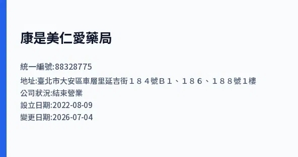 康是美仁愛藥局的照片-統編 88328775(臺北市) 公司登記資料與營業項目詳細圖表