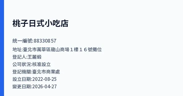 桃子日式小吃店的照片-統編 88330857(臺北市) 公司登記資料與營業項目詳細圖表