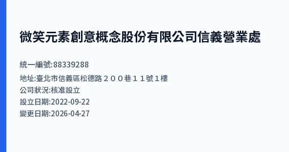 微笑元素創意概念股份有限公司信義營業處的照片-統編 88339288(臺北市) 公司登記資料與營業項目詳細圖表