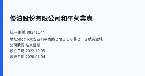 優泊股份有限公司和平營業處的照片-統編 88341144(臺北市) 公司登記資料與營業項目詳細圖表