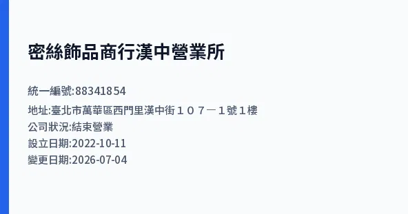 密絲飾品商行漢中營業所的照片-統編 88341854(臺北市) 公司登記資料與營業項目詳細圖表