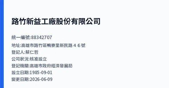 路竹新益工廠股份有限公司的照片-統編 88342707(高雄市) 公司登記資料與營業項目詳細圖表