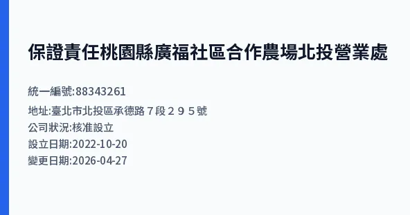 保證責任桃園縣廣福社區合作農場北投營業處的照片-統編 88343261(臺北市) 公司登記資料與營業項目詳細圖表