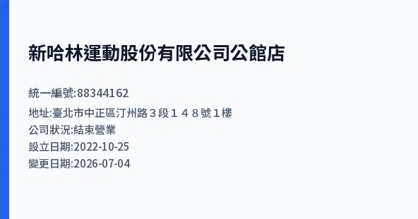 新哈林運動股份有限公司公館店的照片-統編 88344162(臺北市) 公司登記資料與營業項目詳細圖表
