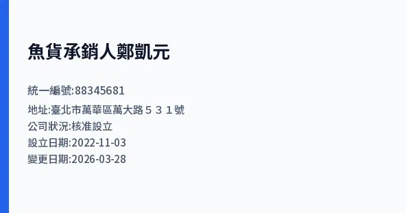 魚貨承銷人鄭凱元的照片-統編 88345681(臺北市) 公司登記資料與營業項目詳細圖表