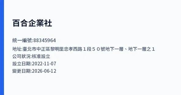 百合企業社的照片-統編 88345964(臺北市) 公司登記資料與營業項目詳細圖表