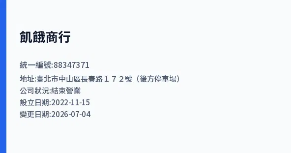 飢餓商行的照片-統編 88347371(臺北市) 公司登記資料與營業項目詳細圖表