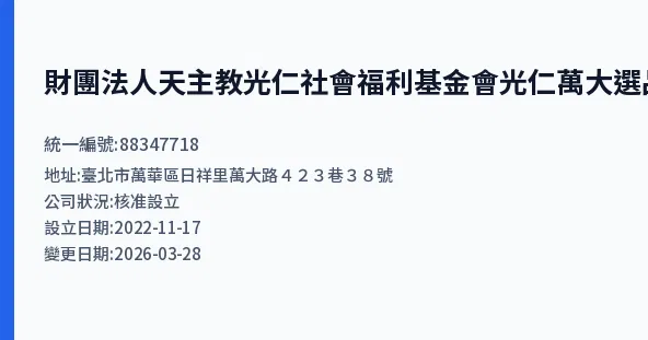 財團法人天主教光仁社會福利基金會光仁萬大選品店的照片-統編 88347718(臺北市) 公司登記資料與營業項目詳細圖表